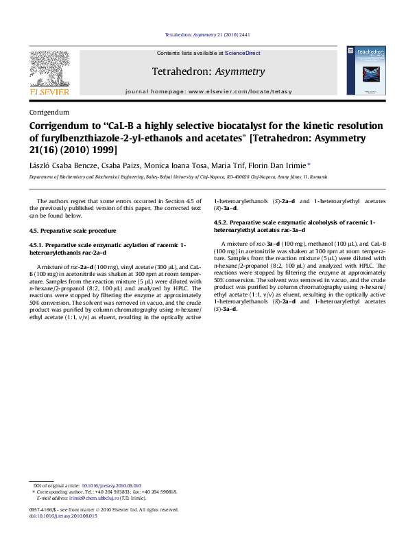 (PDF) Corrigendum to ''CaL-B a highly selective biocatalyst for the ...