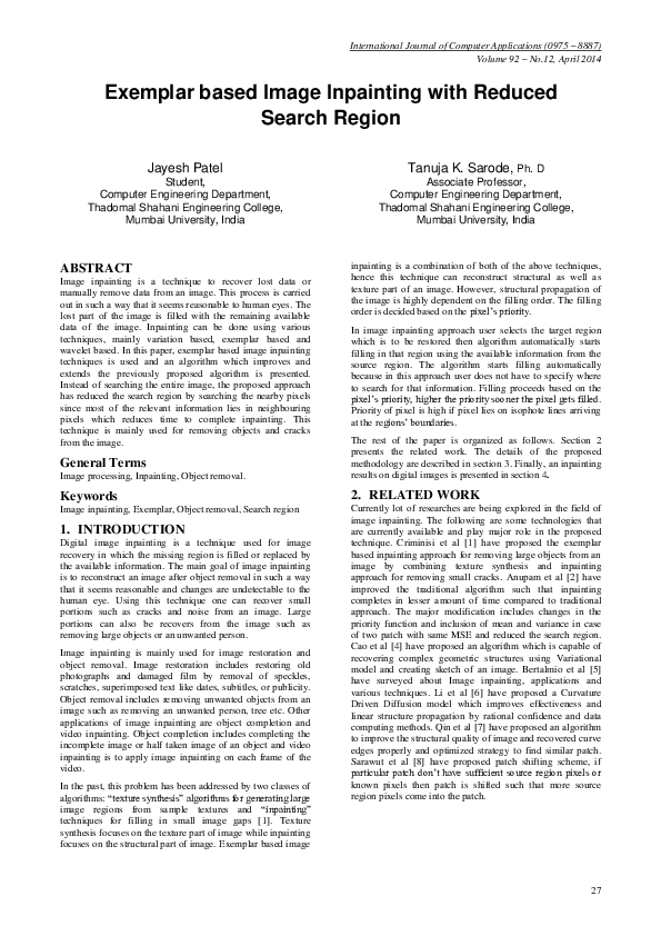 (PDF) Exemplar based Image Inpainting with Reduced Search Region