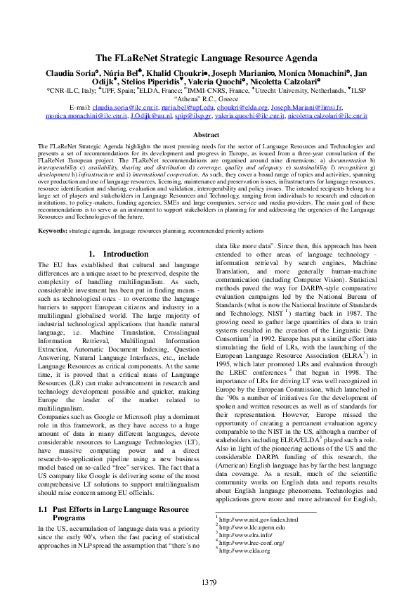 (PDF) The FLaReNet Strategic Language Resource Agenda