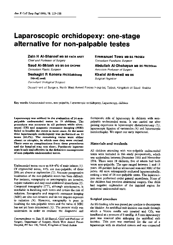 (PDF) Laparoscopic orchidopexy: one-stage alternative for non-palpable ...