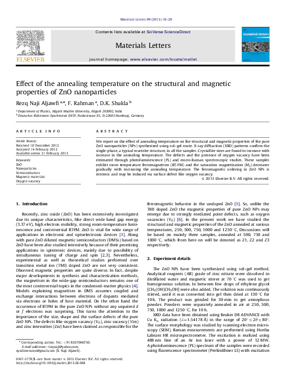 (PDF) Effect of the annealing temperature on the structural and magnetic properties of ZnO ...