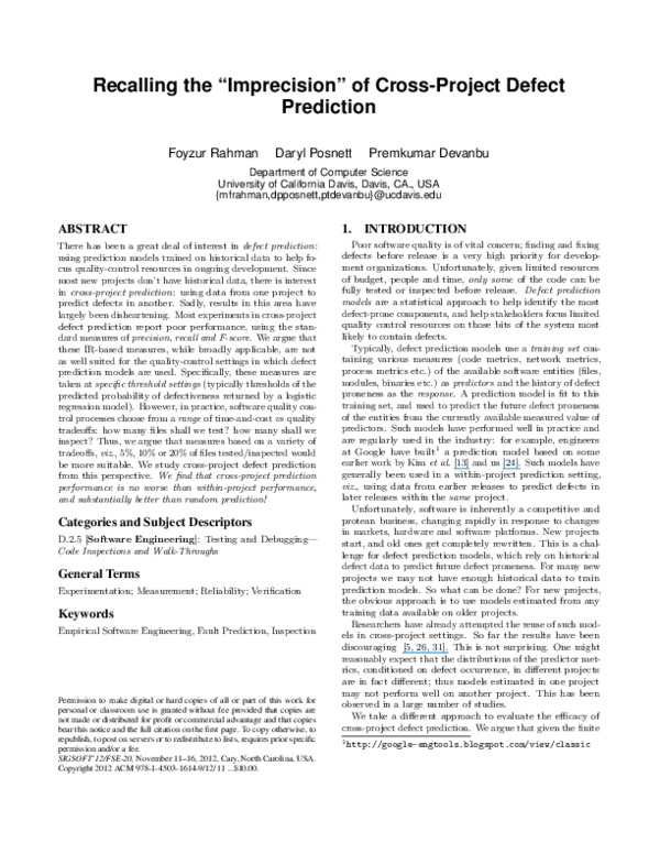 Pdf Recalling The Imprecision Of Cross Project Defect Prediction Foyzur Rahman