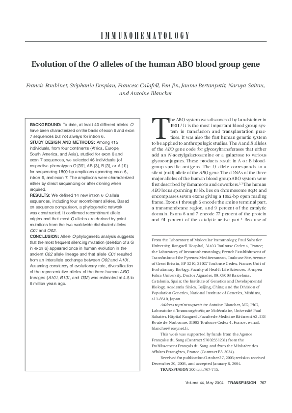 (PDF) Evolution of the O alleles of the human ABO blood group gene