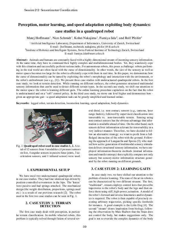 (PDF) Perception, motor learning, and speed adaptation exploiting body dynamics: case studies in ...