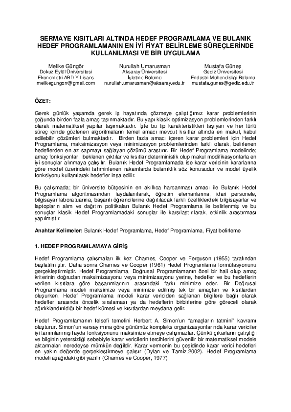 (PDF) Sermaye Kisitlari Altinda Hedef Programlama Ve Bulanik Hedef Programlamanin en İyi Fiyat ...
