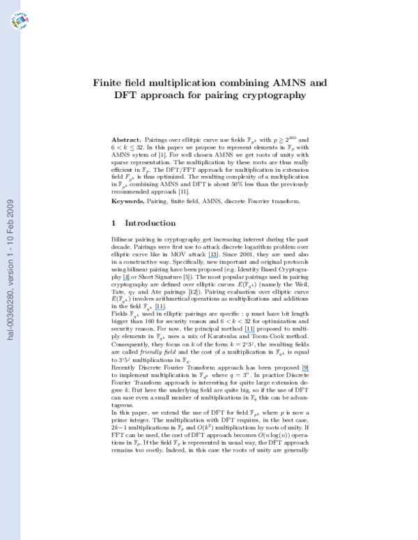 Pdf Finite Field Multiplication Combining Amns And Dft Approach For Pairing Cryptography