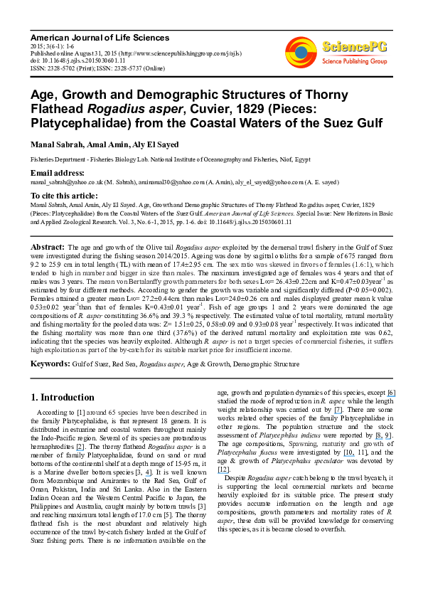 (PDF) Age, Growth and Demographic Structures of Thorny Flathead ...