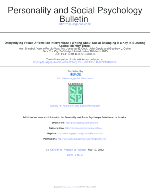 (PDF) Demystifying Values-Affirmation Interventions: Writing About Social Belonging Is a Key to ...