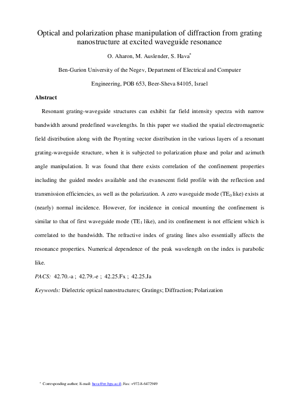 (PDF) Optical and polarization phase manipulation of diffraction from grating nanostructure at ...