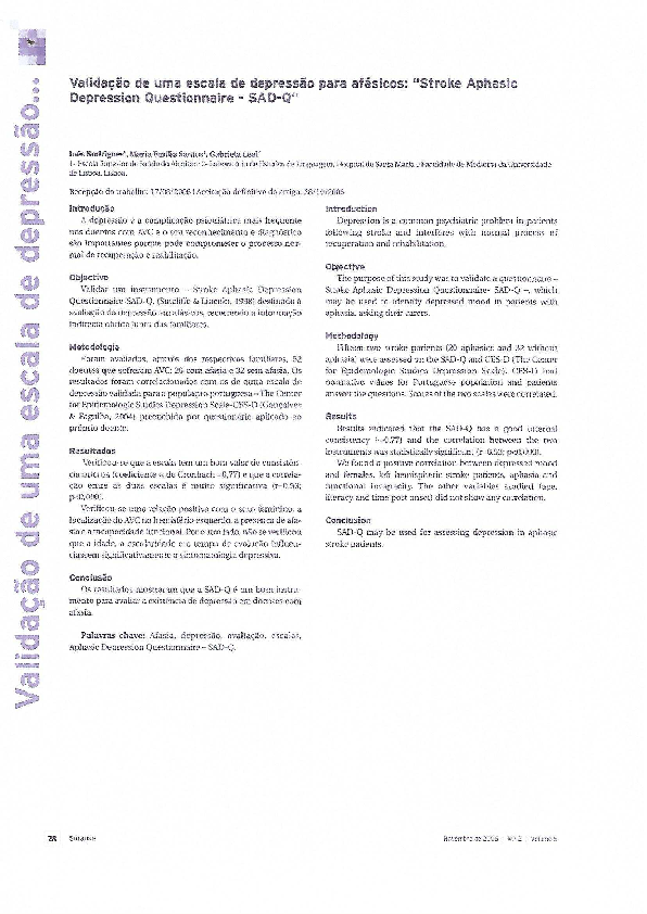 (PDF) Validação de uma escala de depressão para afásicos: "Stroke ...