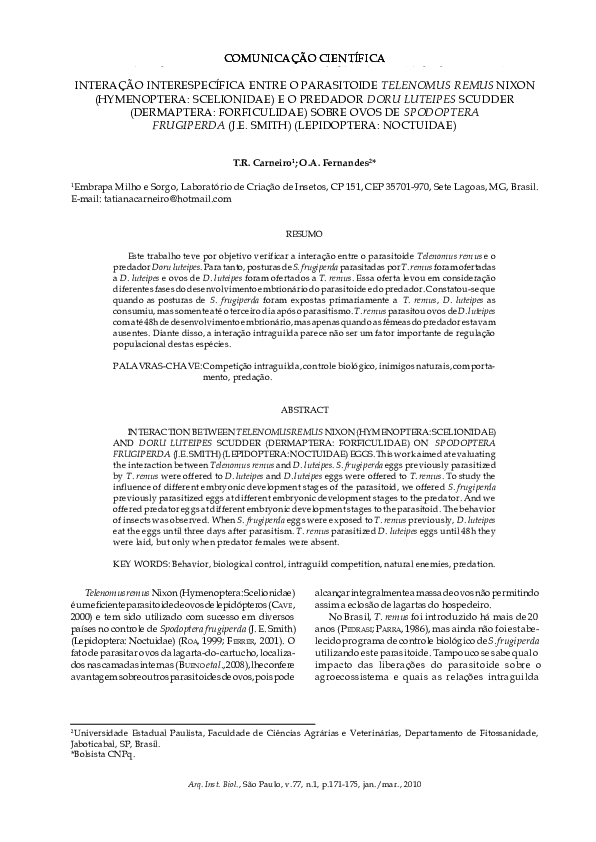 (PDF) Interação interespecífica entre o parasitóide Telenomus remus ...