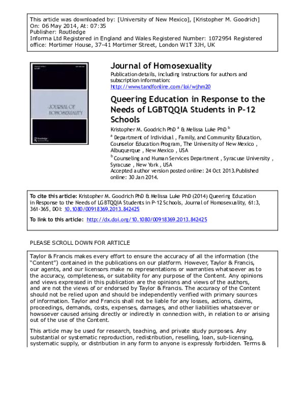 (PDF) Queering education in response to the needs of LGBTQQIA students ...