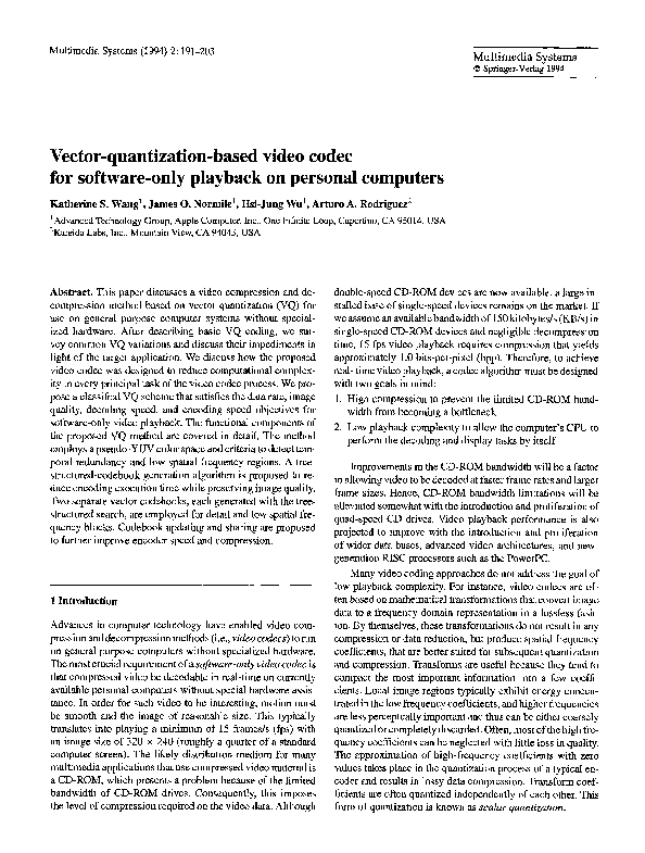 (PDF) Vector-quantization-based video codec for software-only playback on personal computers