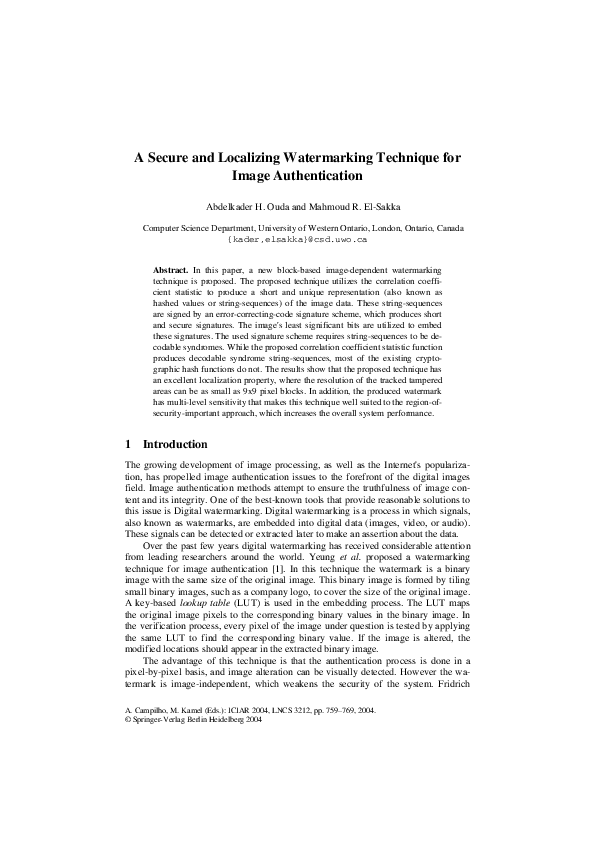 (PDF) A Secure and Localizing Watermarking Technique for Image Authentication