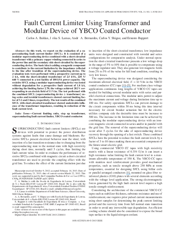 (PDF) Fault Current Limiter Using Transformer and Modular Device of YBCO Coated Conductor