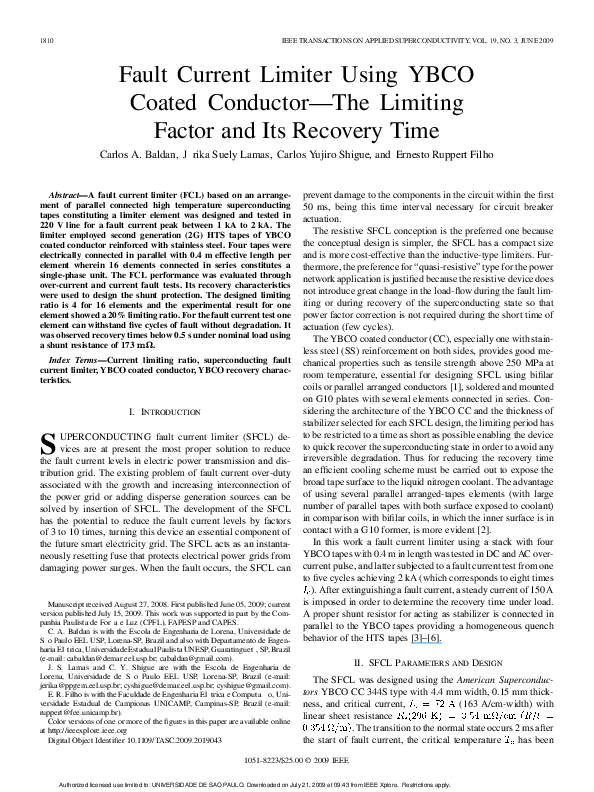 (PDF) Fault Current Limiter Using YBCO Coated Conductor—The Limiting Factor and Its Recovery Time