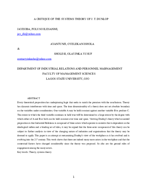 (DOC) Criticisms of Systems theory of Dunlop