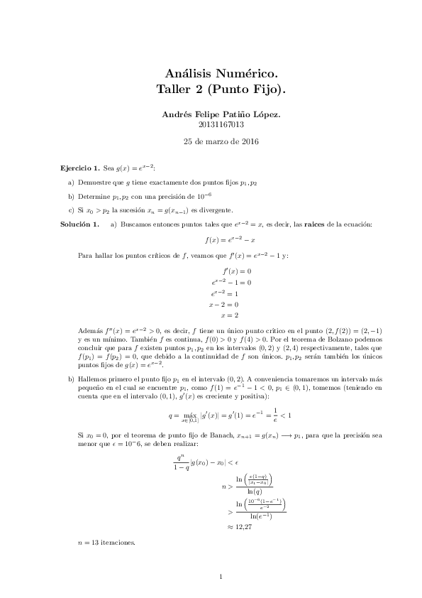(PDF) Análisis Numérico. Taller 2 (Punto Fijo