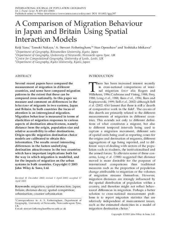 (PDF) A comparison of migration behaviour in Japan and Britain using spatial interaction models