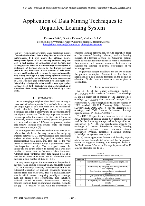 (PDF) Application of data mining techniques to regulated learning system