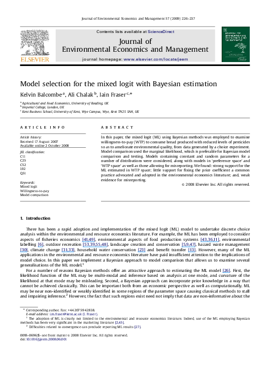 Pdf Model Selection For The Mixed Logit With Bayesian Estimation