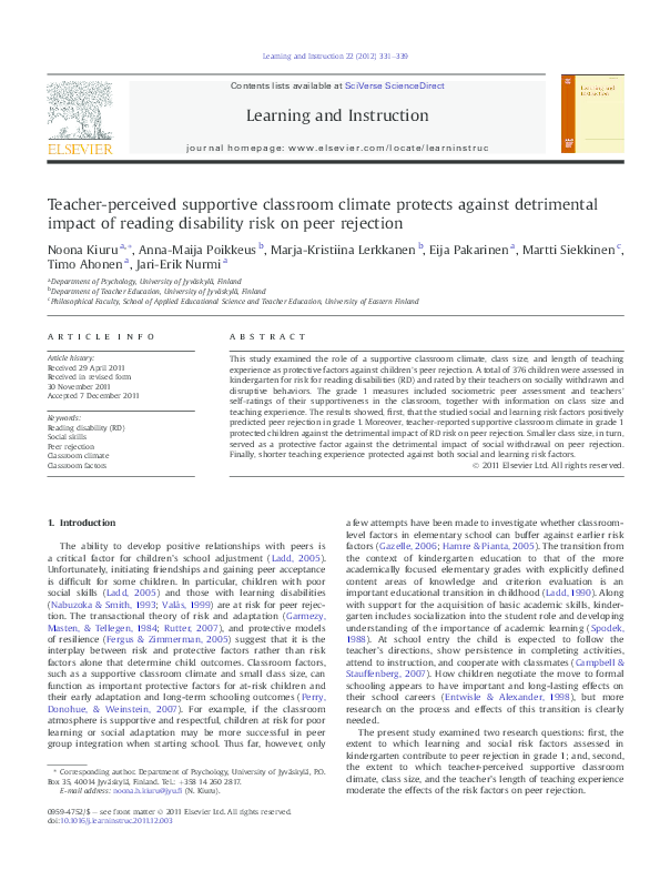 (PDF) Teacher-perceived supportive classroom climate protects against ...