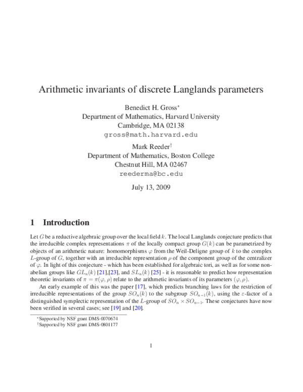 (PDF) Arithmetic invariants of discrete Langlands parameters