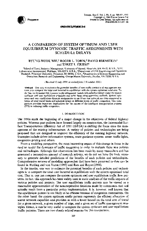 Pdf A Comparison Of System Optimum And User Equilibrium Dynamic