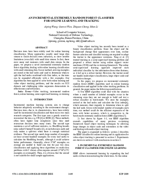(PDF) An Incremental Extremely Random Forest Classifier for Online Learning and Tracking