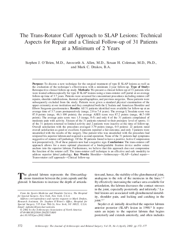 (PDF) SLAP lesions of the shoulder | Richard Ferkel - Academia.edu