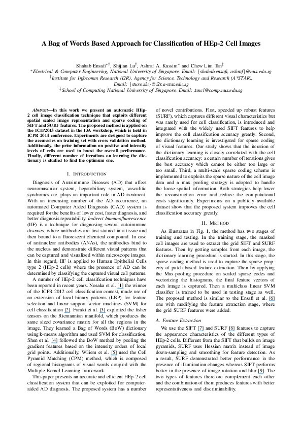 (PDF) A Bag of Words Based Approach for Classification of HEp-2 Cell Images