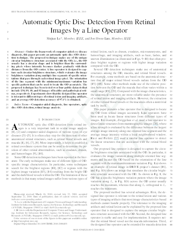 Pdf Automatic Optic Disc Detection From Retinal Images By A Line Operator