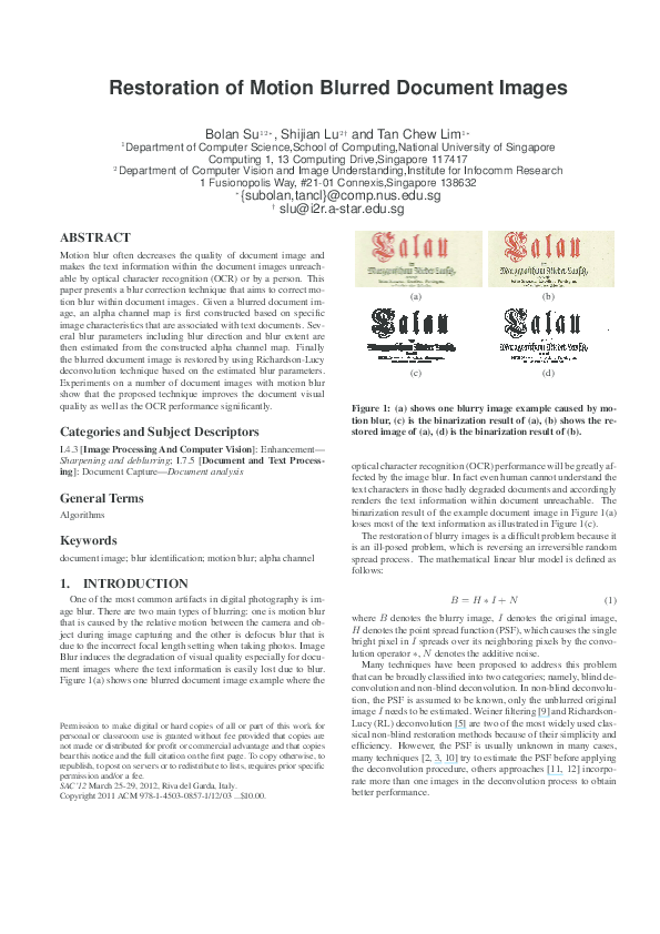 (PDF) Restoration of motion blurred document images