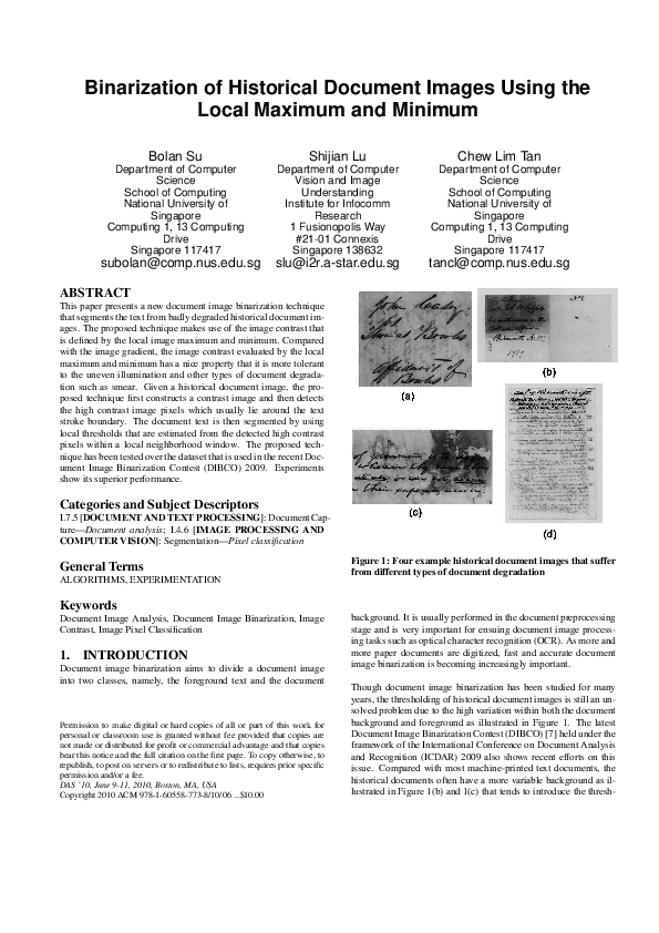 (PDF) Binarization of historical document images using the local maximum and minimum