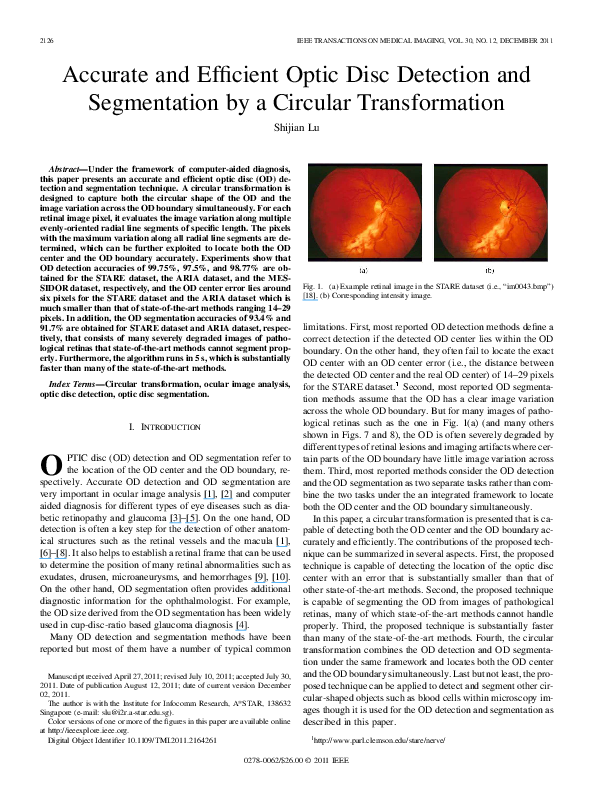 Pdf Accurate And Efficient Optic Disc Detection And Segmentation By A Circular Transformation