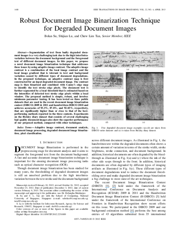 Pdf A Robust Document Image Binarization Technique For Degraded Document Images