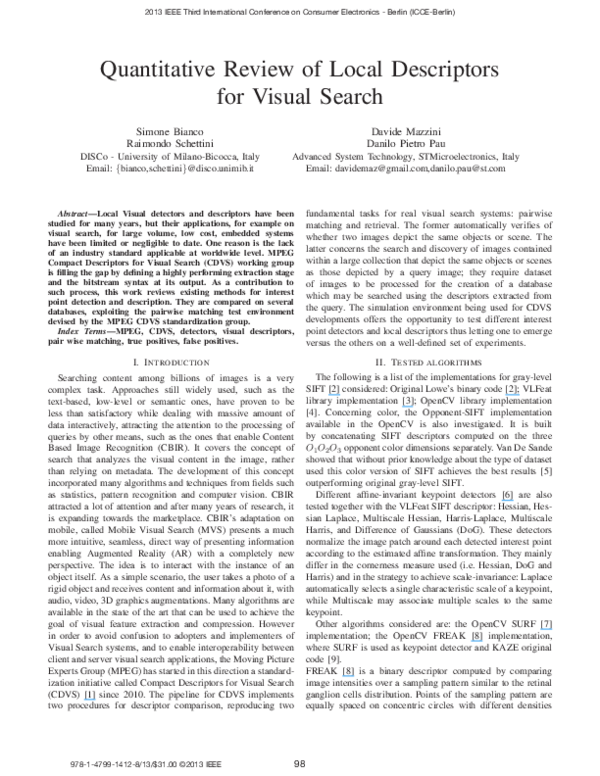 (PDF) Quantitative review of local descriptors for visual search