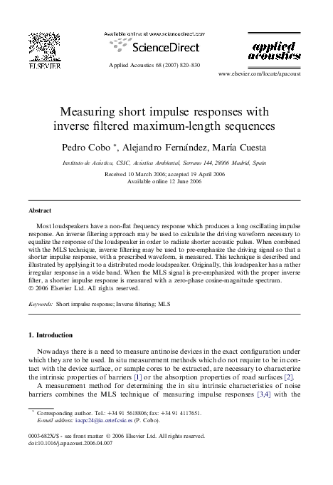 (PDF) Measuring Short Impulse Responses With Inverse Filtered Maximum-Length Sequences