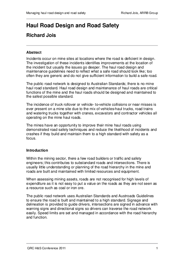 (PDF) Managing haul road design and road safety Haul Road Design and ...