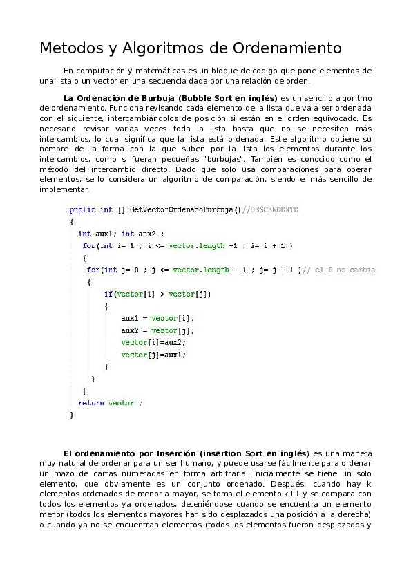 (DOC) Metodos y Algoritmos de Ordenamiento