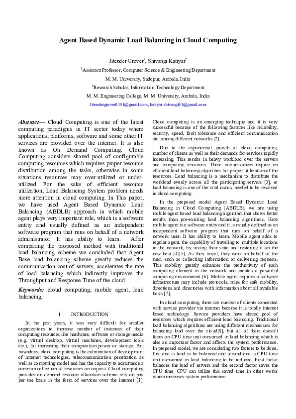 (PDF) Agent Based Dynamic Load Balancing in Cloud Computing