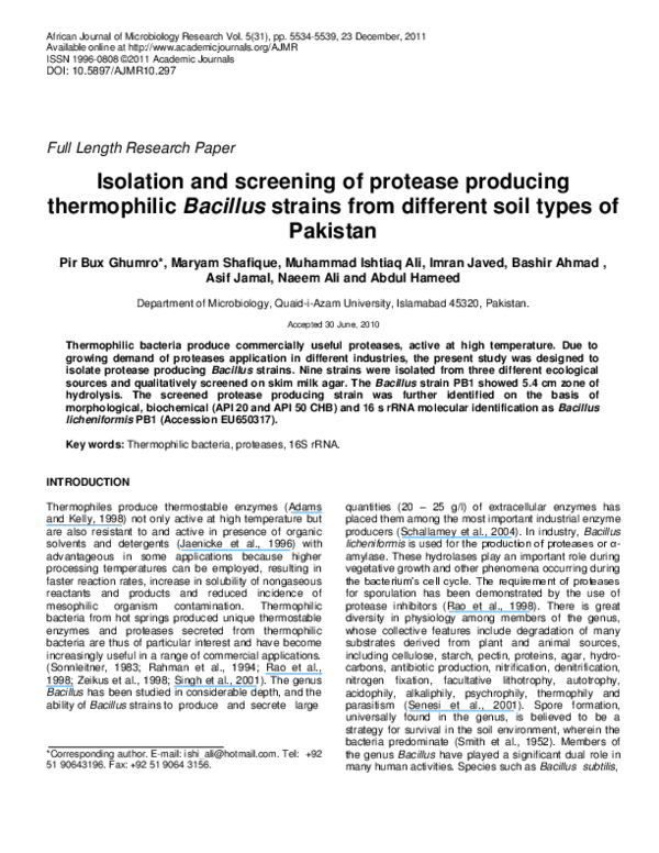 (PDF) Isolation and identification of protease producing thermophilic Bacillus species from ...