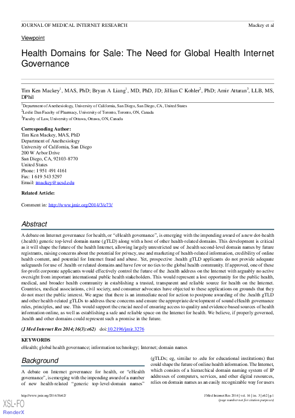 (PDF) Health Domains for Sale: The Need for Global Health Internet ...