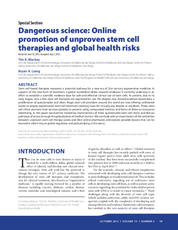 (PDF) Dangerous Science: Online Promotion of Unproven Stem Cell ...