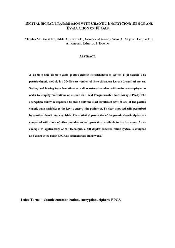 (PDF) Digital Signal Transmission with Chaotic Encryption: Design and Evaluation of a FPGA ...
