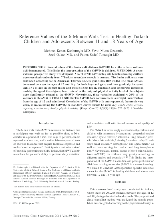 (PDF) Reference Values of the 6-Minute Walk Test in Healthy Turkish ...