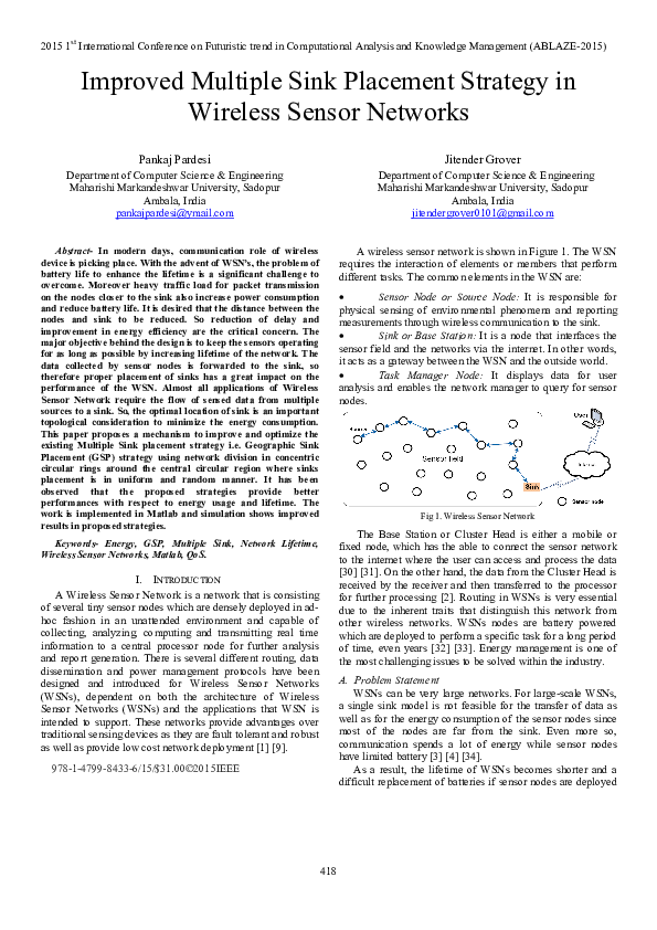 Pdf Improved Multiple Sink Placement Strategy In Wireless Sensor Networks