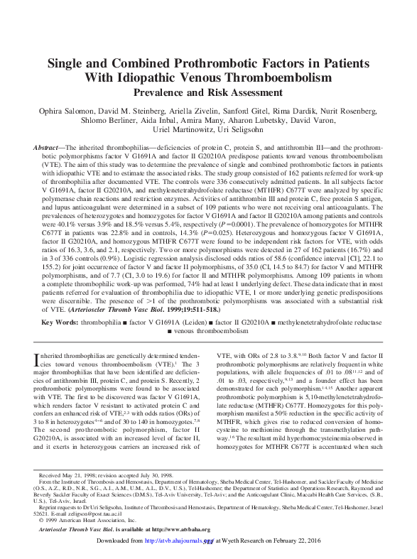 (PDF) Single and Combined Prothrombotic Factors in Patients With Idiopathic Venous ...