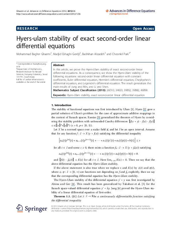 (PDF) Hyers-Ulam stability of exact second-order linear differential equations