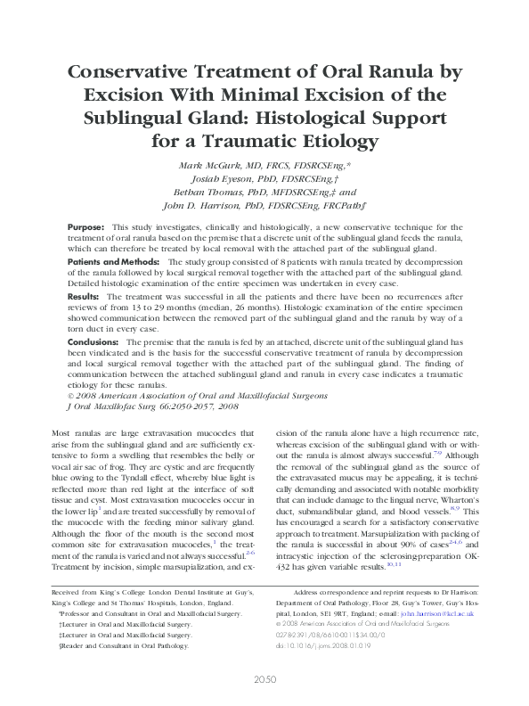 (PDF) Conservative treatment of oral ranula by excision with minimal ...